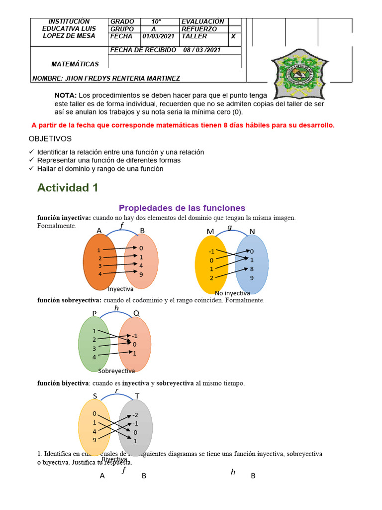 Taller 2 Mate Decimo 2021 | PDF | Función (Matemáticas) | Objetos matemáticos