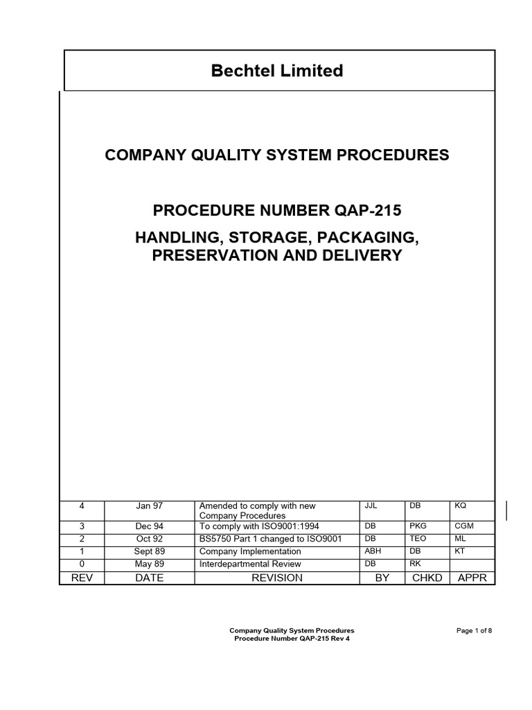 Bechtel QAP-215: Material Handling Procedures | PDF | Iso 9000 ...