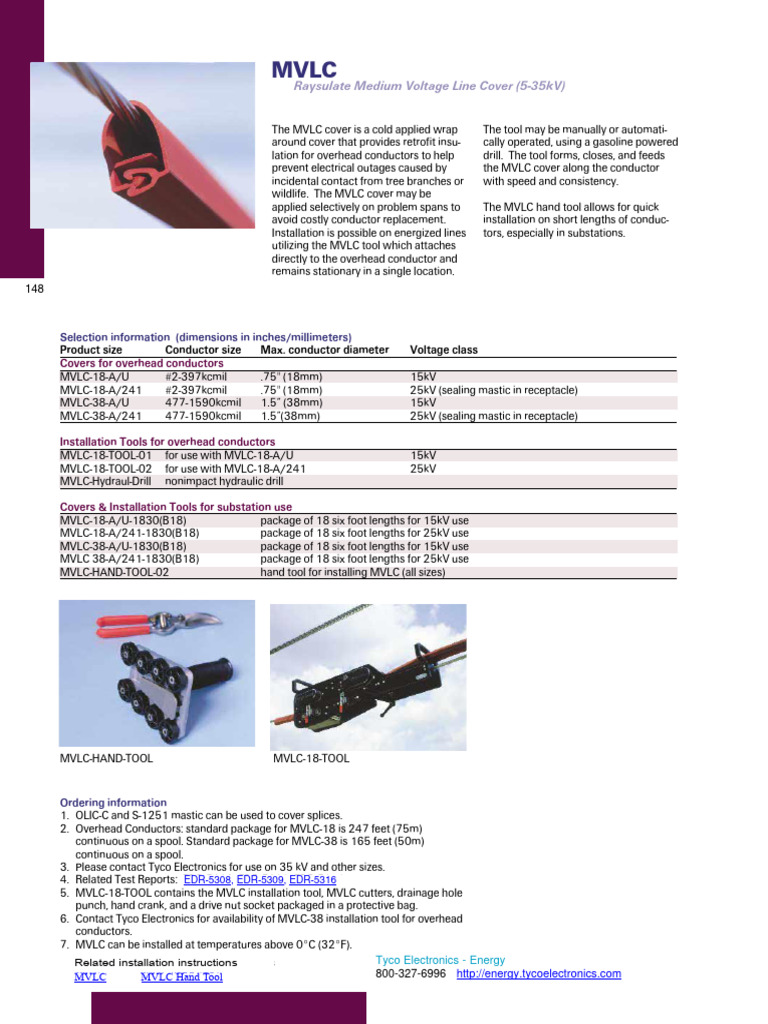 Raysulate Medium Voltage Line Cover (5-35kV) : Selection Information (Dimensions in Inches ...