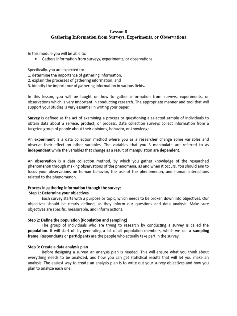 Lesson 8 Gathering Information From Surveys Experiments or Observations | PDF | Survey ...