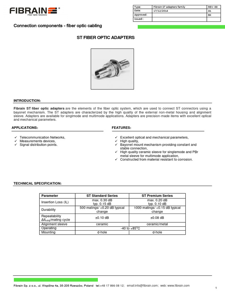 DSH - ST Fiber Optic Adapter Series - en | PDF | Optical Fiber | Optics