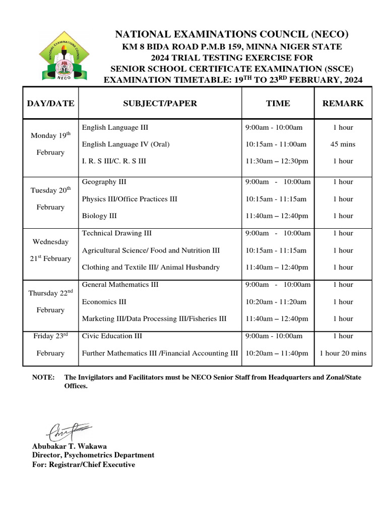 Time Table For 2024 Trial Testing Exercise | PDF