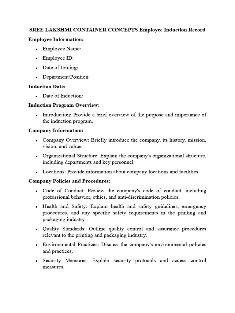 Employee Induction Guide | PDF | Employment | Safety