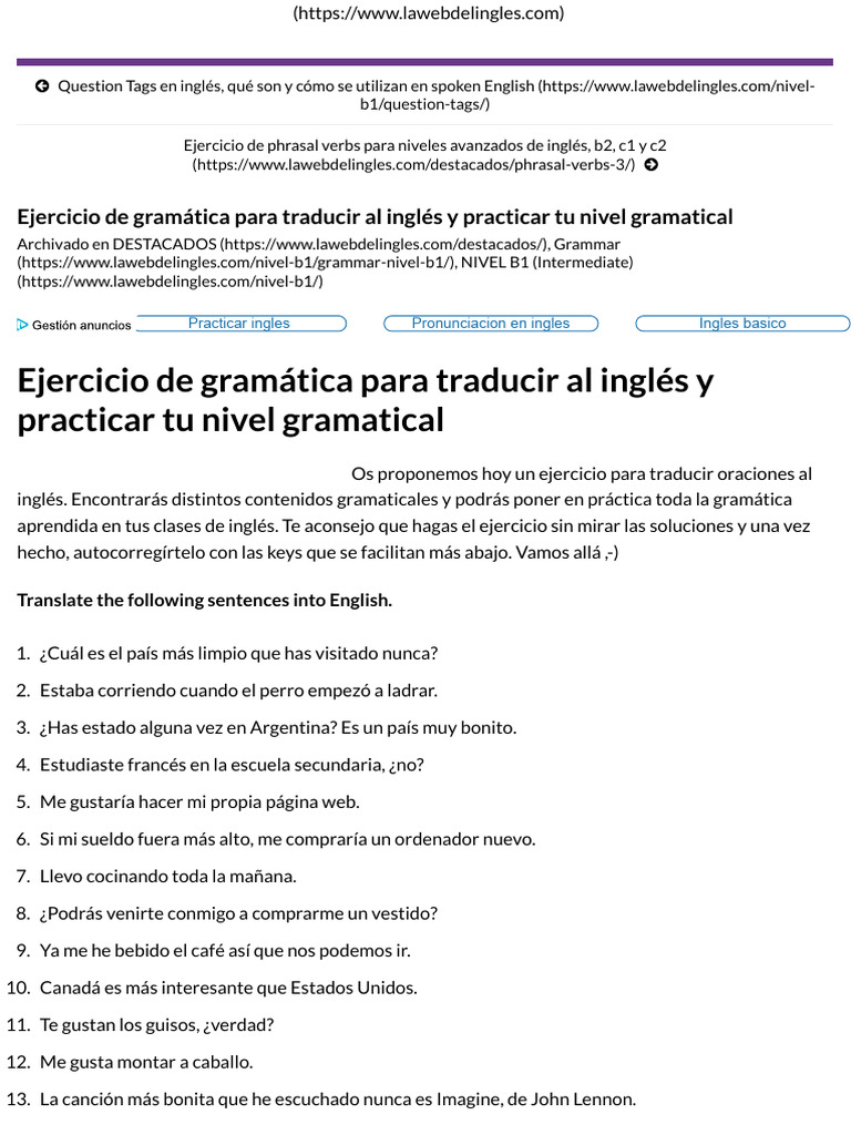 Ejercicio de gramática para traducir al inglés y practicar tu nivel ...