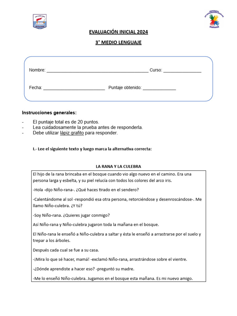 Prueba LENGUAJE. 3°inicial | PDF