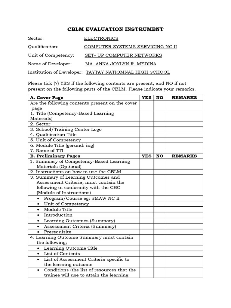 cblm evaluatio instrument | PDF