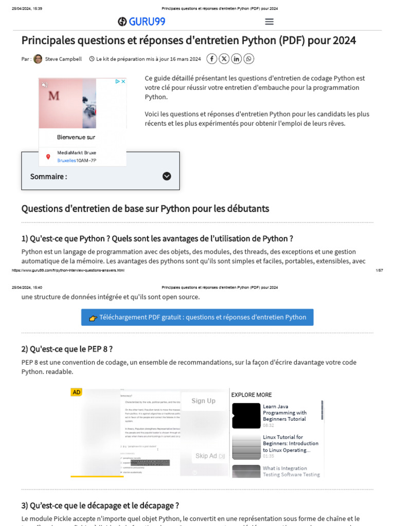 Principales Questions Et Réponses D'entretien Python (PDF) Pour 2024 | PDF | Python (Langage de ...