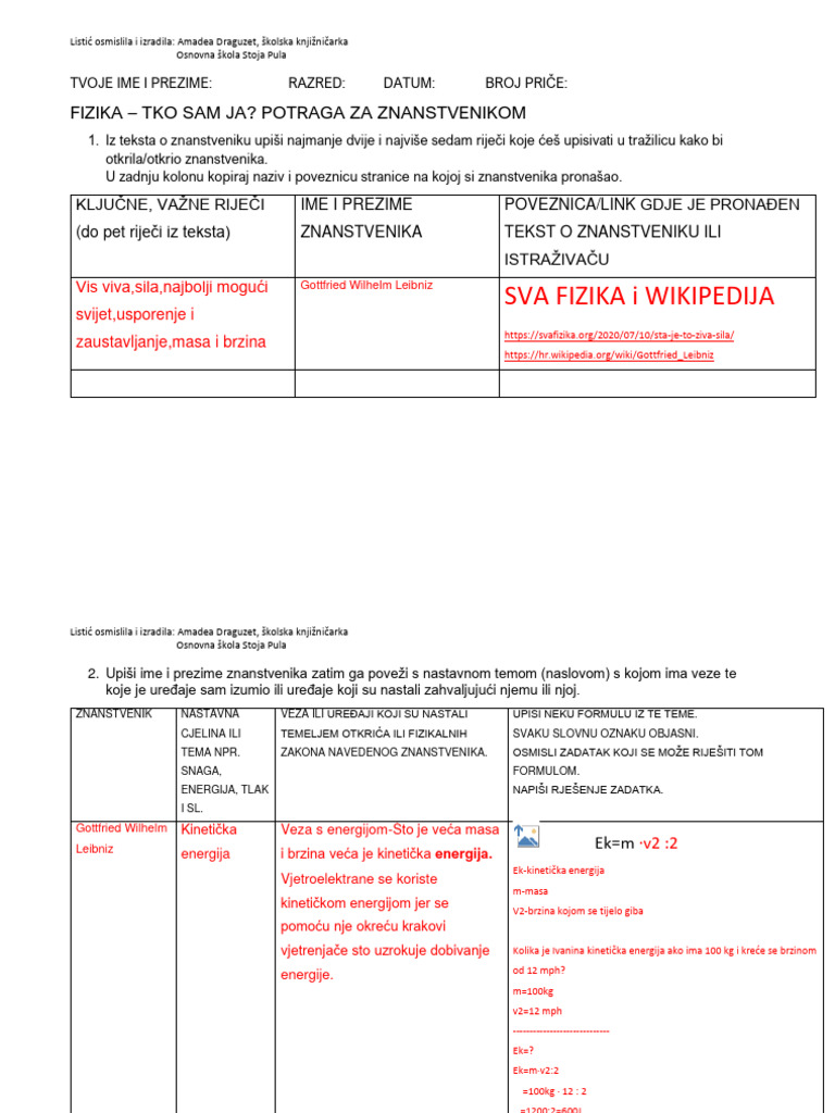 FIZIKA TKO SAM JA nastavni listić 7 – Kopija1 | PDF