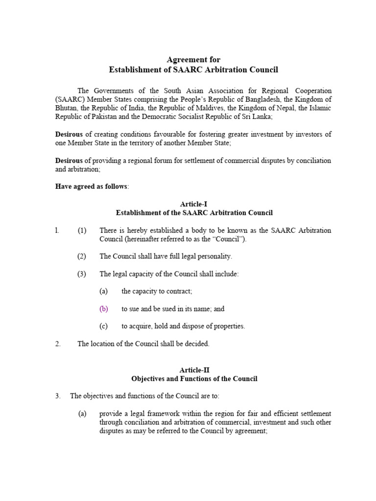 SAARC Arbitration Council Agreement | PDF | Legal Documents | Justice