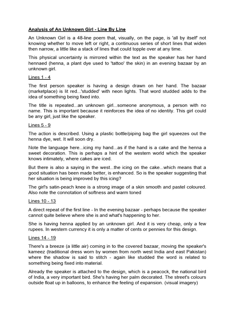 Analysis of An Unknown Girl - Moniza Alvi | PDF | Senses | Poetry