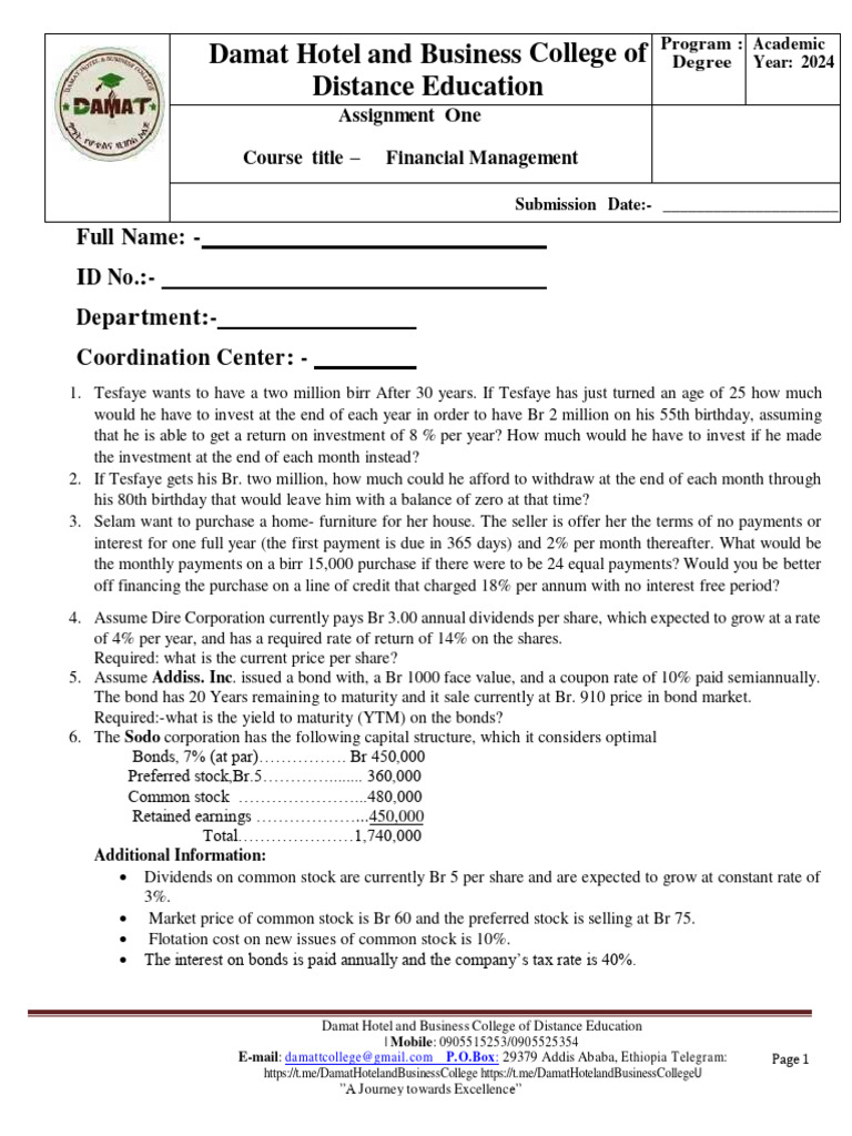 Financial Management Assignment Overview | PDF | Bonds (Finance ...