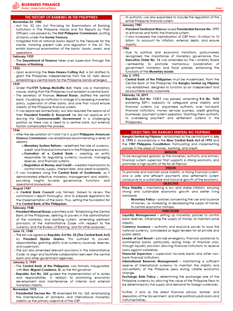 G1 - BSP Handout 1 | PDF | Monetary Policy | Money