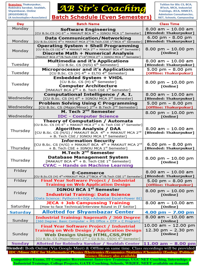 Even Sem Batch Schedule (AB Sir's Coaching - 8910350813) | PDF | Online ...