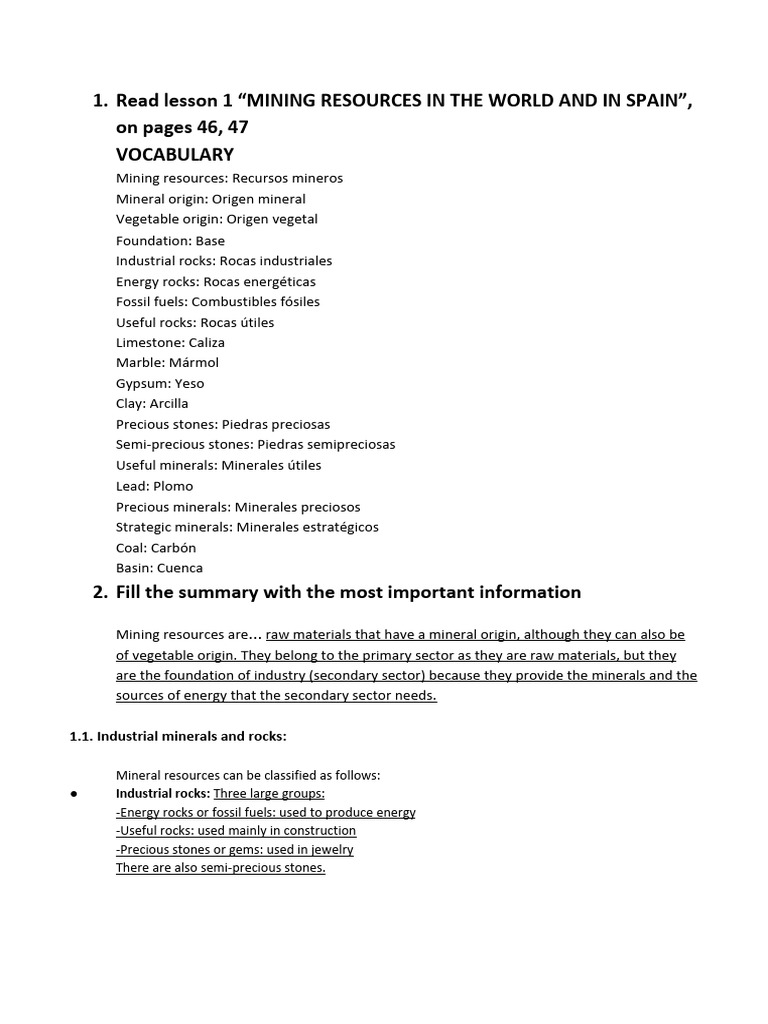 Lesson 1 Mining Resources in The World and in Spain | PDF | Mining | Nature