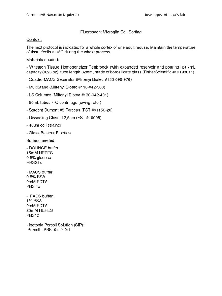 Fluorescent Microglia Cell Sorting Protocol | PDF | Microglia | Biology