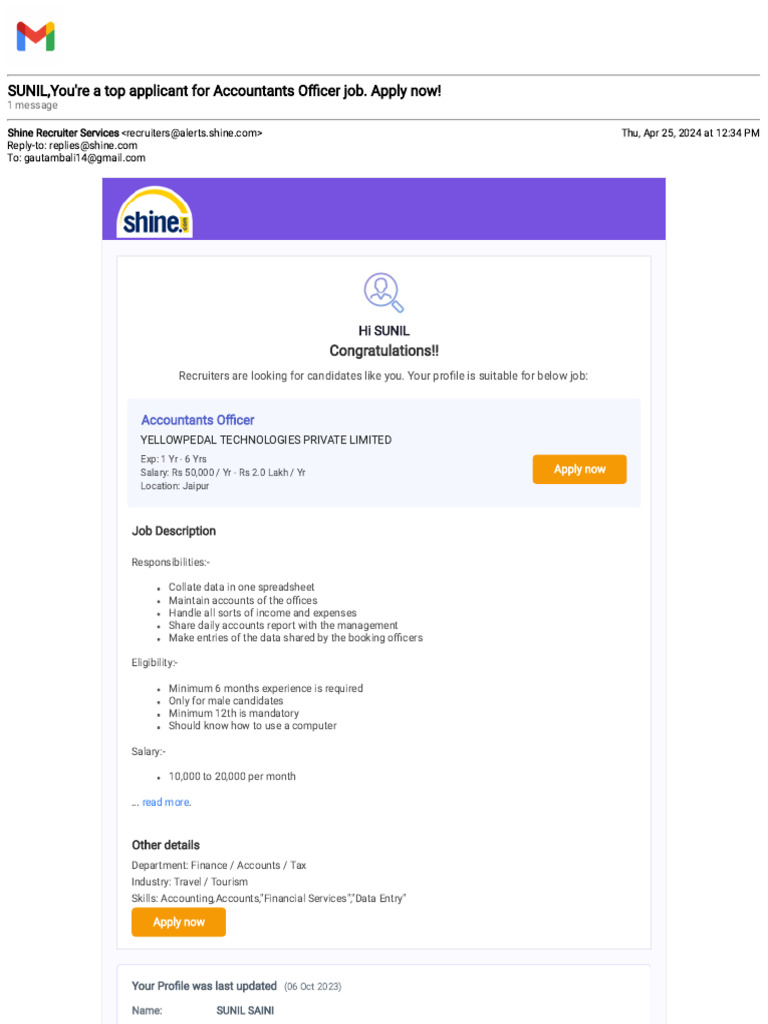 Gmail - SUNIL, You're A Top Applicant For Accountants Officer Job ...