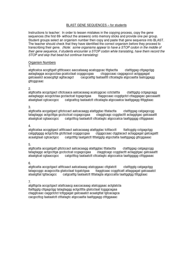 BLAST+gene+sequences+student | PDF | Gene | Nucleic Acids