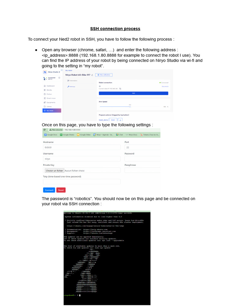 SSH Connection Guide for Ned2 Robot | PDF