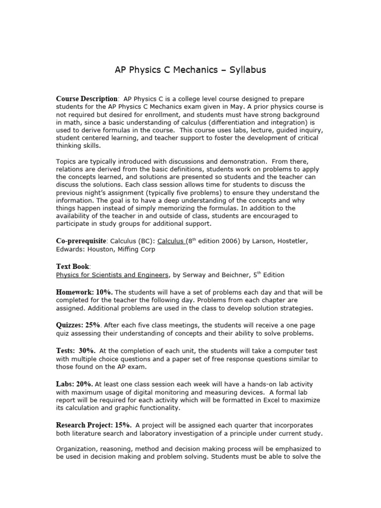 APphys CMech Syllabus | PDF | Rotation Around A Fixed Axis | Euclidean ...