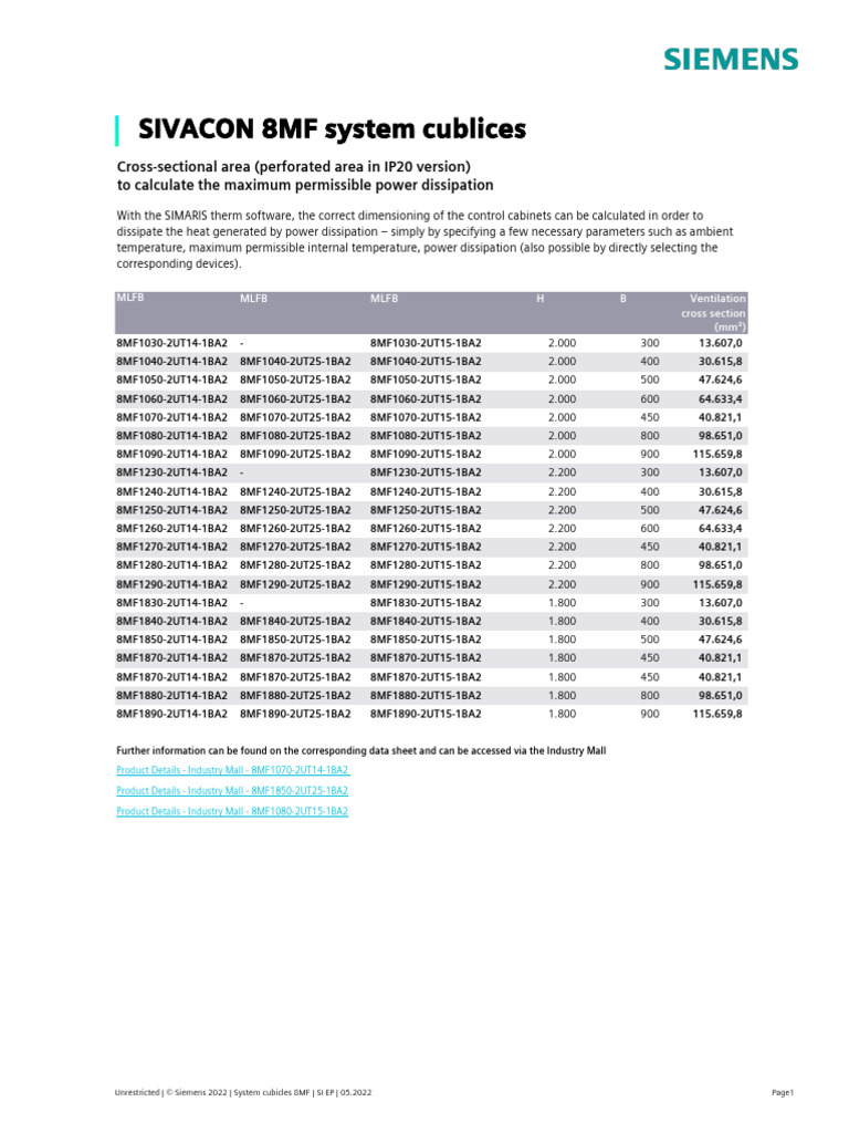 SIVACON 8MF Calculation Table Doors IP20 2022-05 | PDF