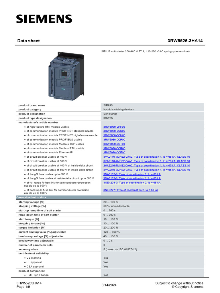 3RW55263HA14 Datasheet en | PDF | Alternating Current | Fuse (Electrical)