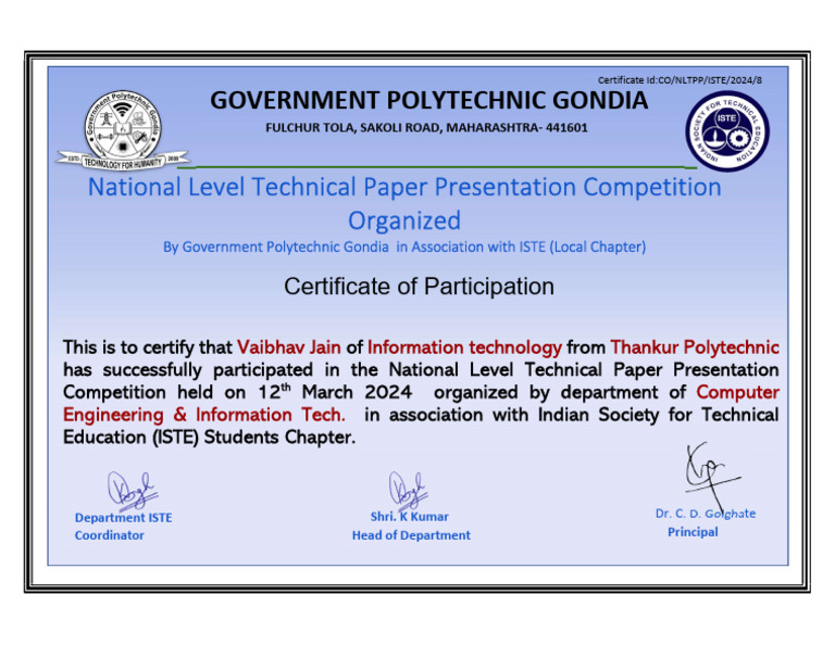 Paper Presentation Certificate For Online Participants National Level ...