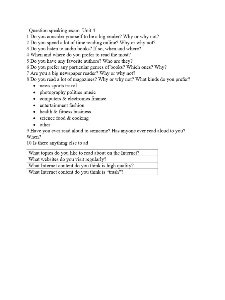Question Speaking Exam Unit 4 | PDF