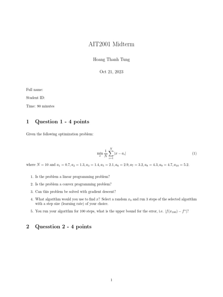 AIT2001 Sample Midterm | PDF | Mathematical Optimization | Algorithms