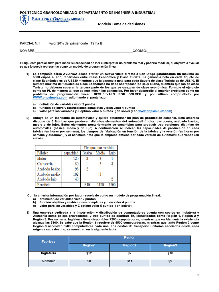 Parcial 2 Modelo Toma de Decisiones 2 | PDF | Acre | Programación lineal