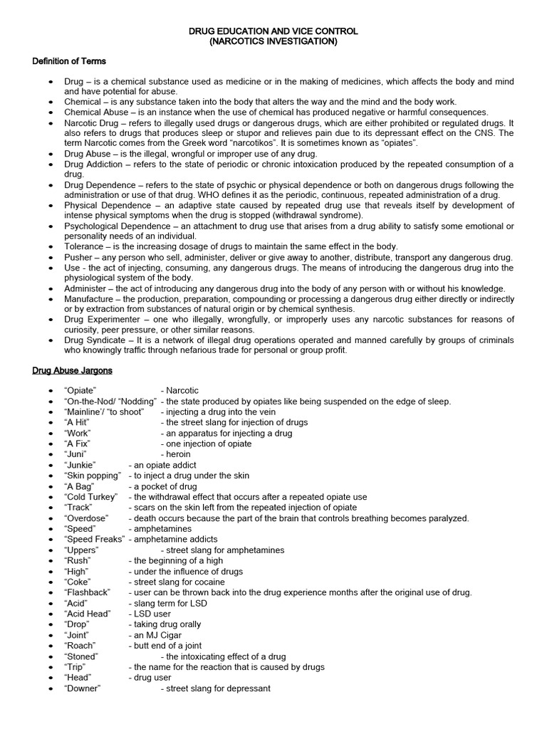 DRUG EDUCATION AND VICE CONTROL Handout | PDF | Opium | Substance Abuse