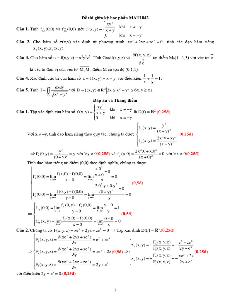 Dap An Va Thang Diem de Thi Giua Ky Hoc Phan Giai Tich 2 (Hoc Ky II Nam Hoc 2022-2023) de F | PDF