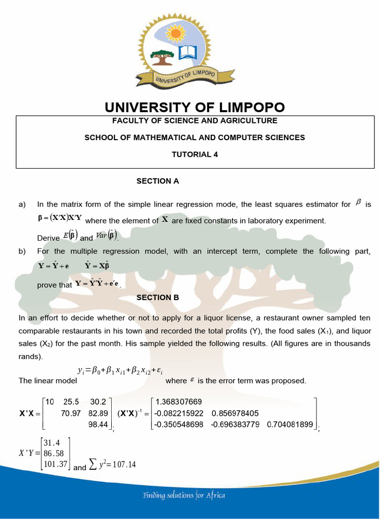 SSTB031 Tutorial 4 2024 | PDF | Linear Regression | Analysis Of Variance