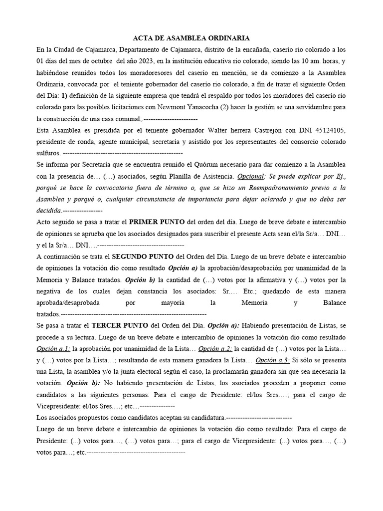 Acta Asamblea Ordinaria Río Colorado | PDF | Votación | Responsabilidad