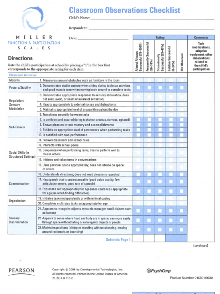 Miller Function & Participation Scales - Classroom Observation ...