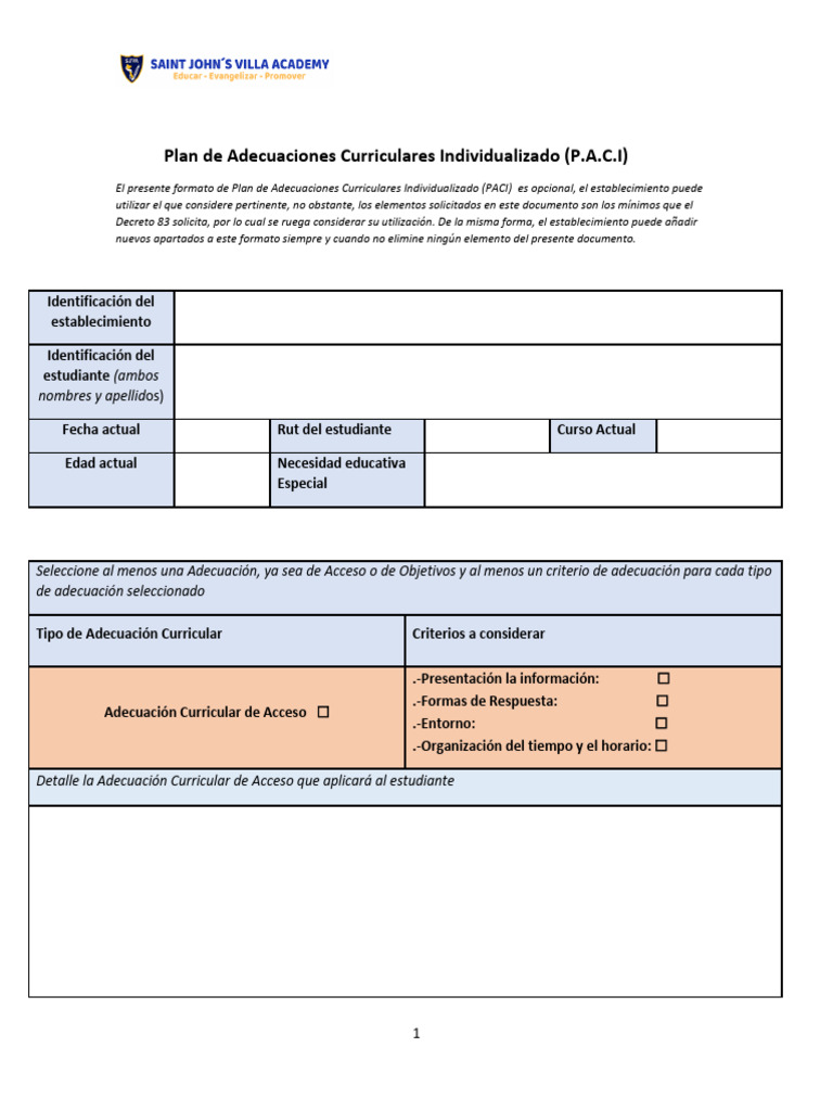 Plan de Adecuaciones Curriculares PACI | PDF | Plan de estudios ...