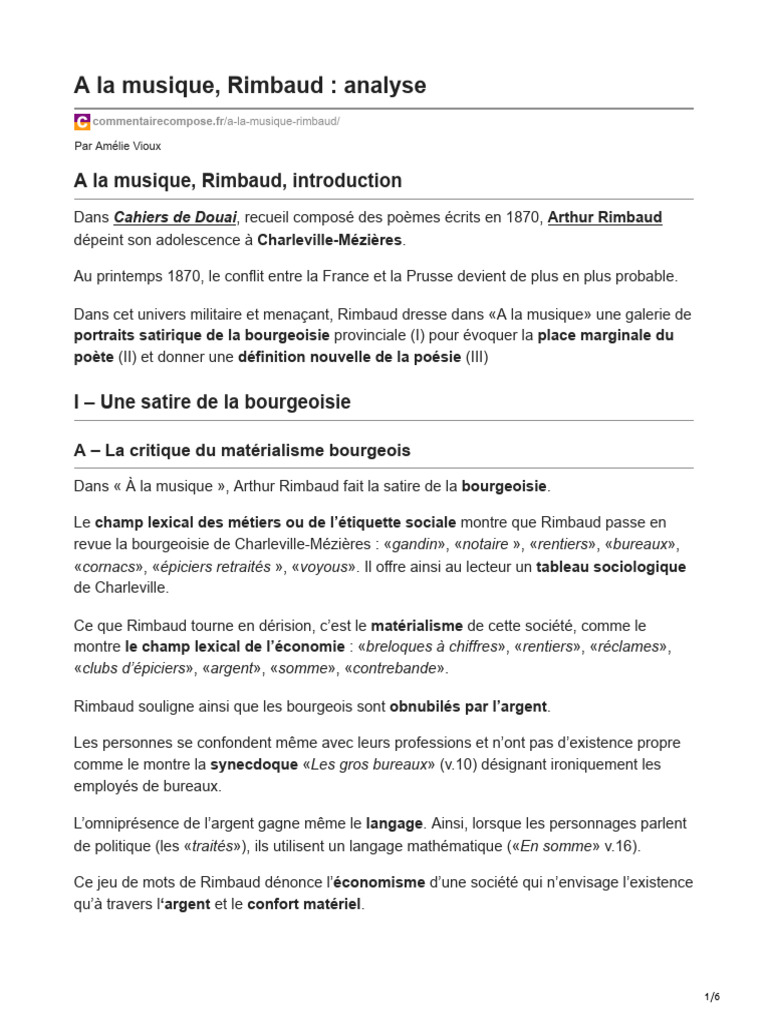 A La Musique Rimbaud Analyse | PDF | Poésie | Arthur Rimbaud