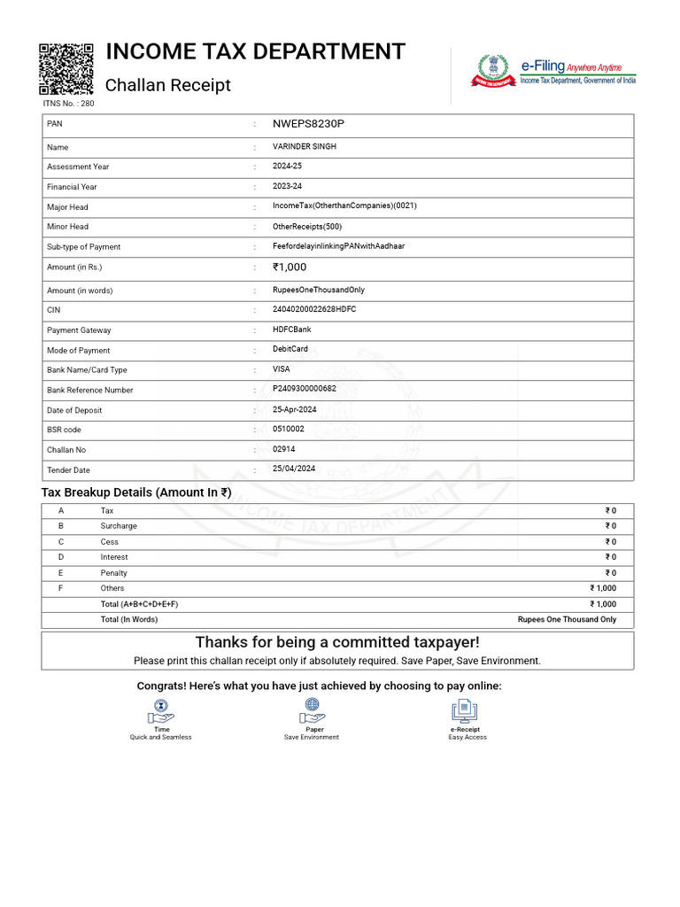 Income Tax Challan Receipt ITNS 280 | PDF | Payments | Debit Card