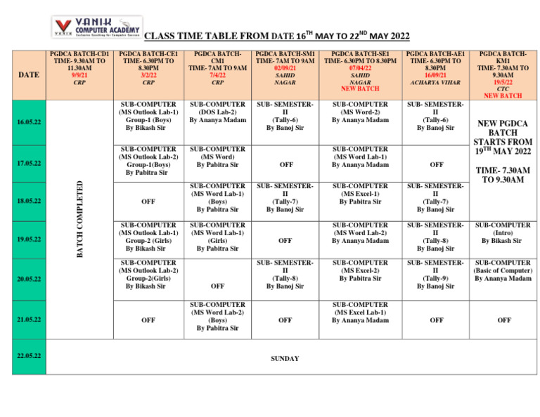 Computer Class Schedule 16th-22nd May 2022 | PDF