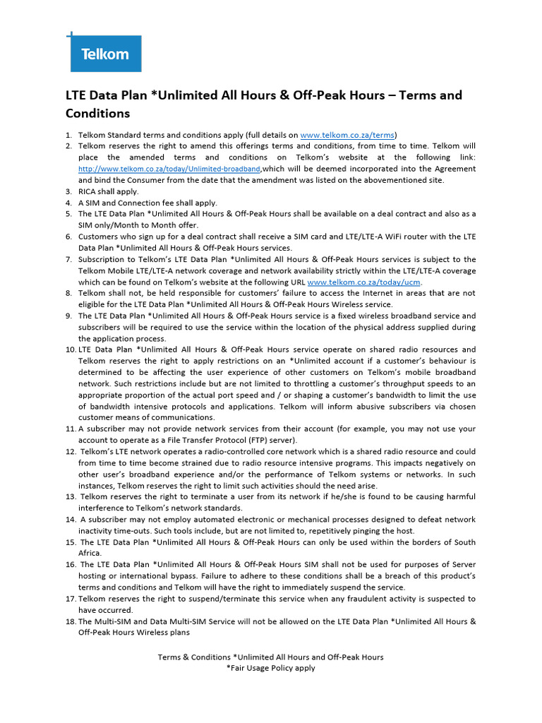 Terms and Conditions For LTE Unlimited All Hours and Off-Peak Hours ...