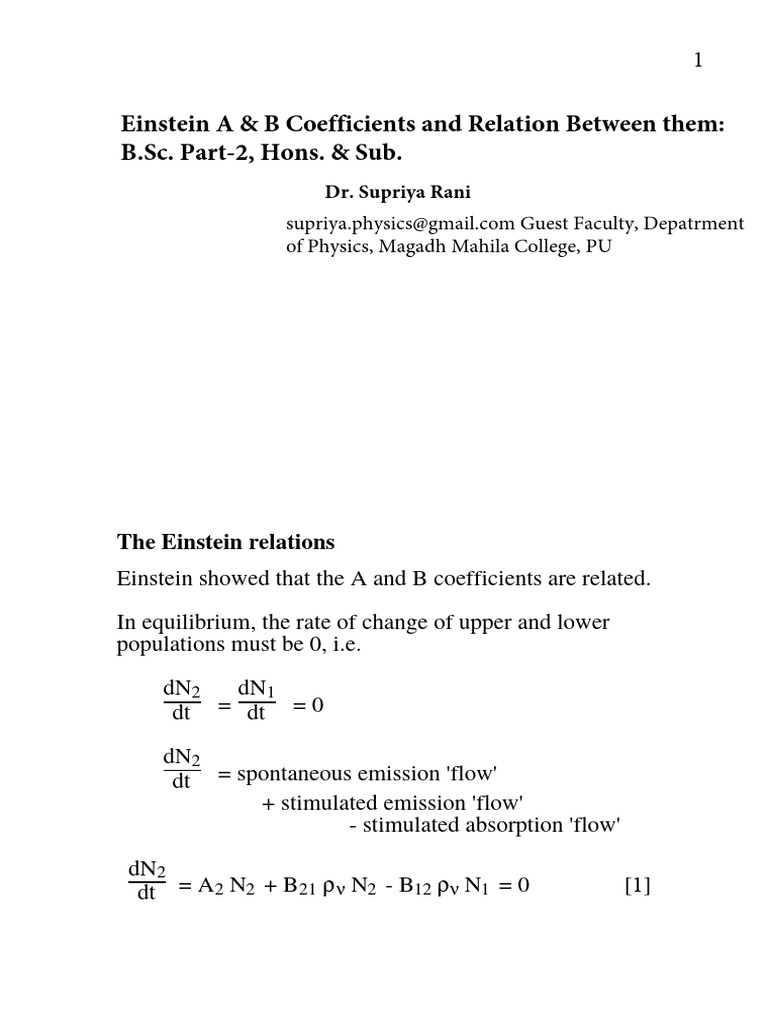 Relation Between Einstein A B Coefficient - B.SC - Part 2 Hons | PDF | Theoretical Physics ...