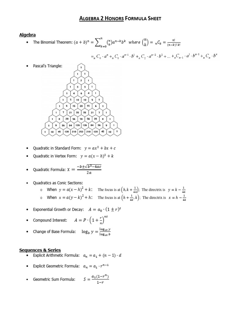 Algebra 2 Honors Formula Sheet | PDF | Trigonometric Functions ...