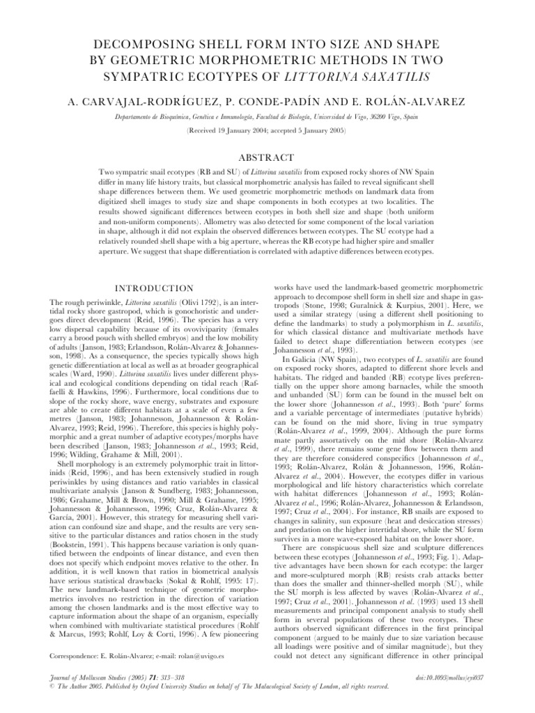 Decomposing Shell Form Into Size and Shape by Geometric Morphometric Methods in Two Sympatric ...