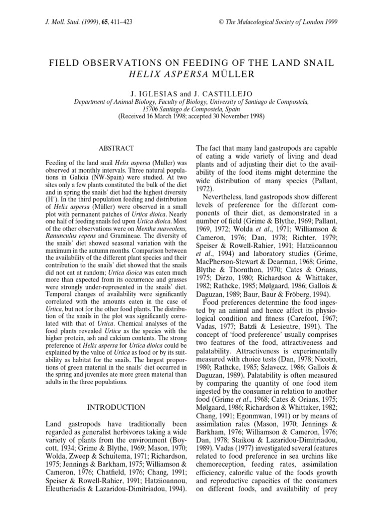 Field Observations On Feeding of The Land Snail: Helix Aspersa Müller | PDF