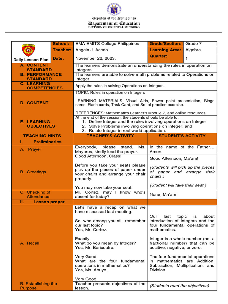 Math Lesson Plan | PDF | Subtraction | Cognition