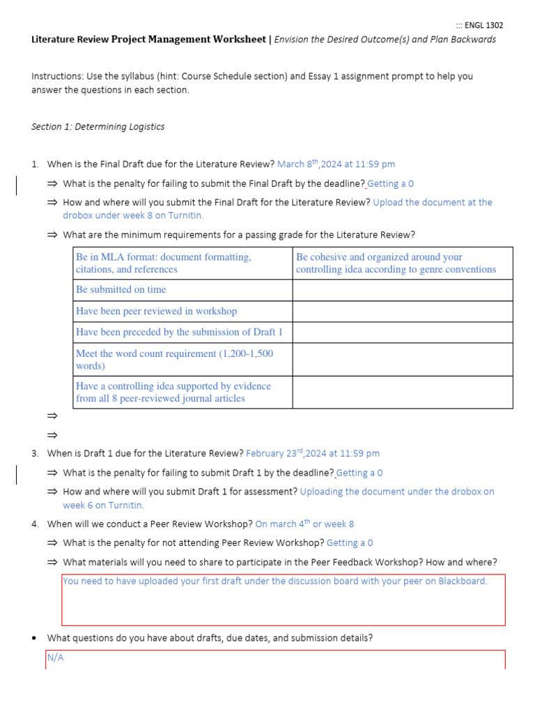 Lit Review Project Management Worksheet 1302 1 | PDF | Essays | Turnitin