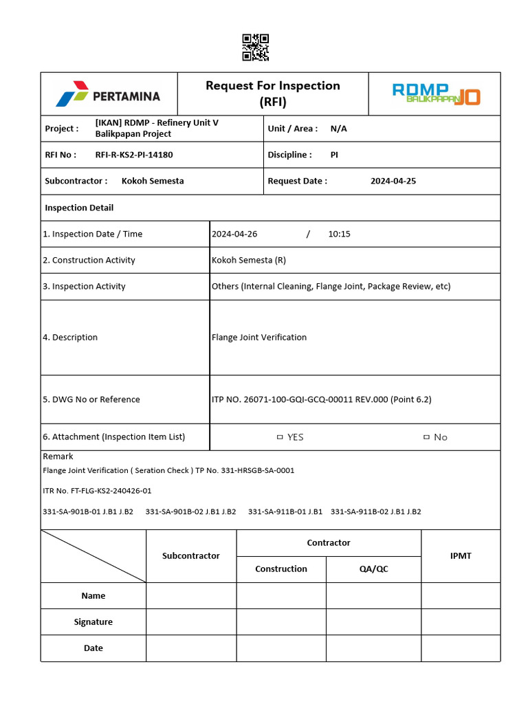 RFI-R-KS2-PI-14180 Flange Joint Verification 331-HRSGB-SA-0001 | PDF