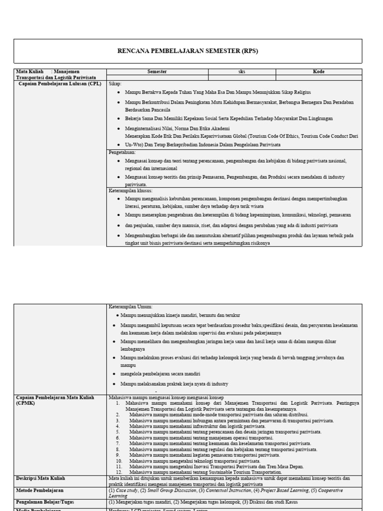 RPS Manajemen Transportasi Dan Logistik Pariwisata | PDF