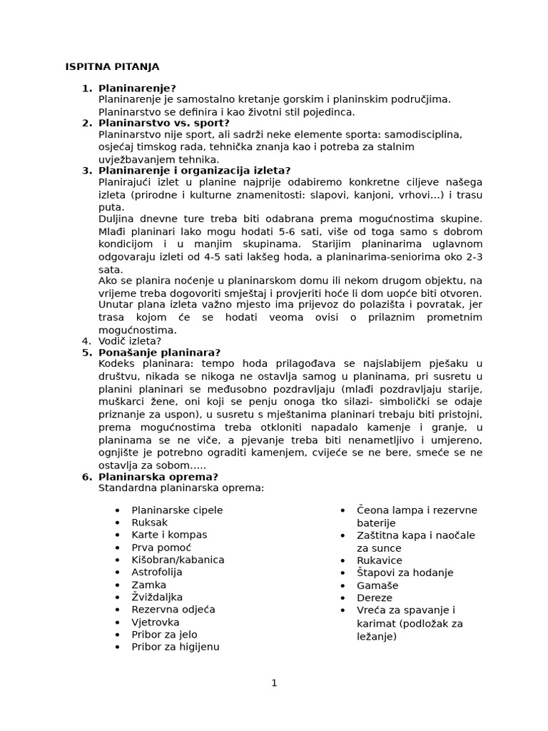 Ispitna Pitanja Za Planinarski Ispit PDF Free | PDF