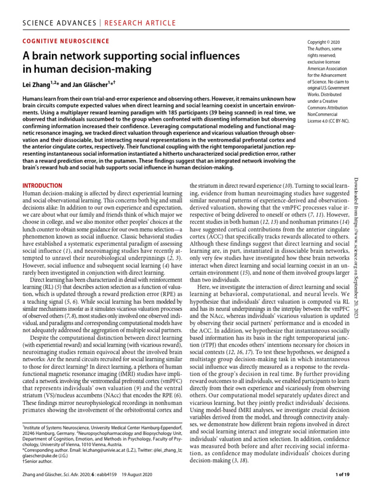 A Brain Network Supporting Social Influences in Human Decision-Making - Lei Zhang, Jan Gläscher ...