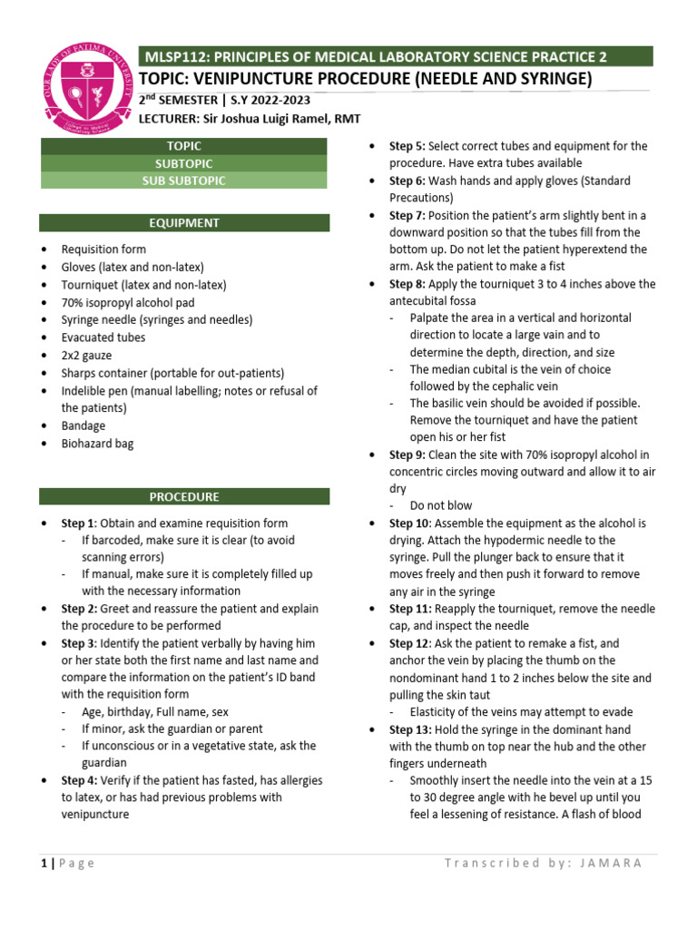 Lesson 4 (Laboratory) - Venipuncture Procedure (Needle and Syringe ...